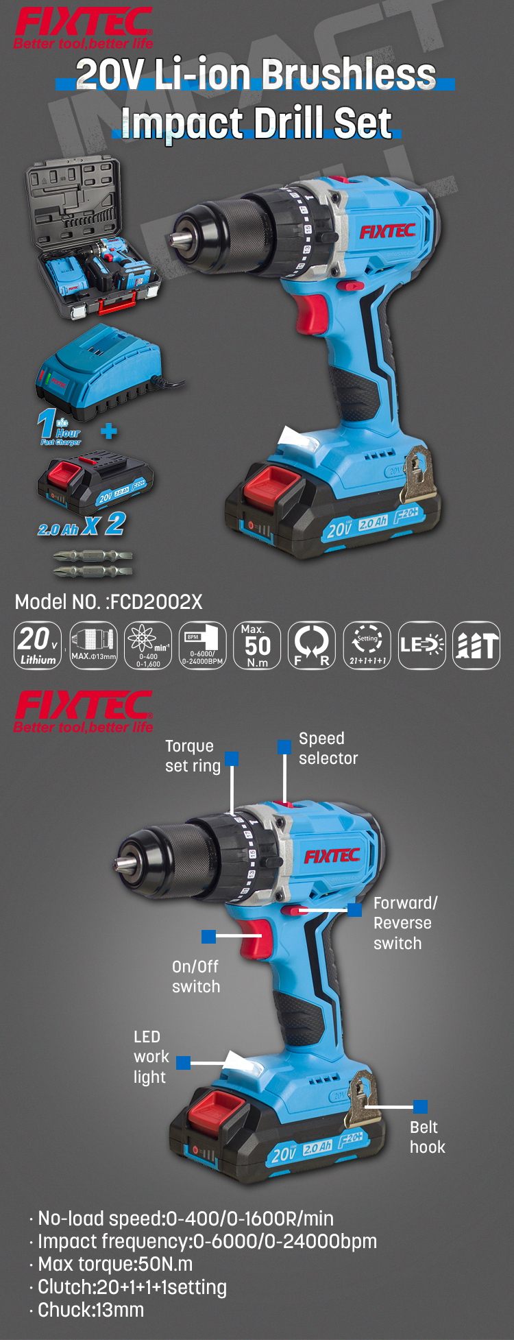 FIXTEC 20V Li-ion Brushless Impact Drill
