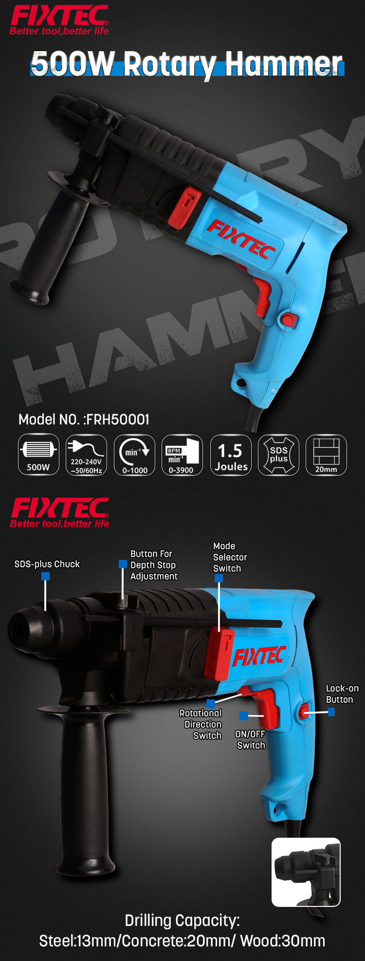 FIXTEC 500W 20mm Rotary Hammer