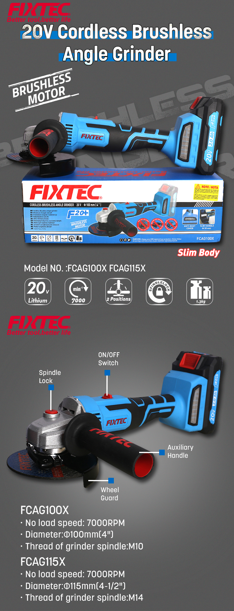 FIXTEC 20V Cordless Brushless Angle Grinder