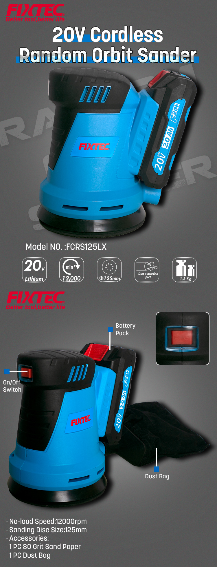 FIXTEC 20V Cordless Random Orbit Sander