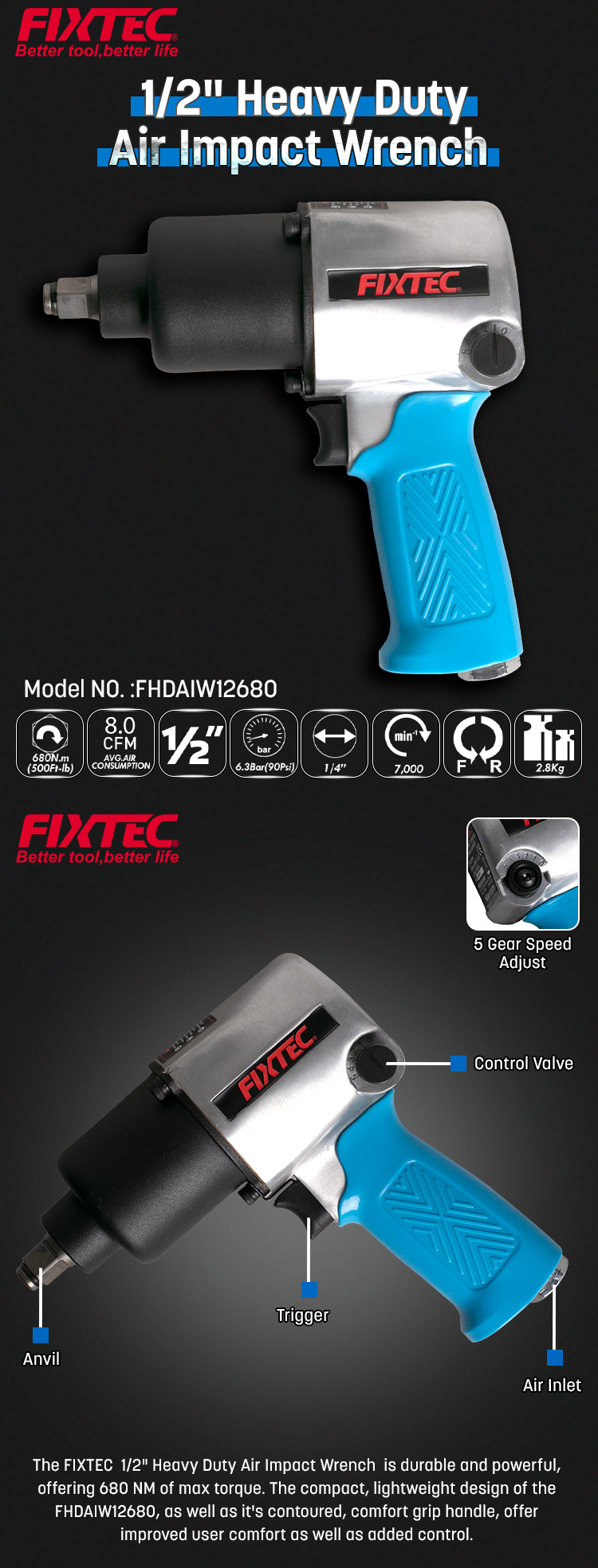 FIXTEC 1/2" Heavy Duty Air Impact Wrench