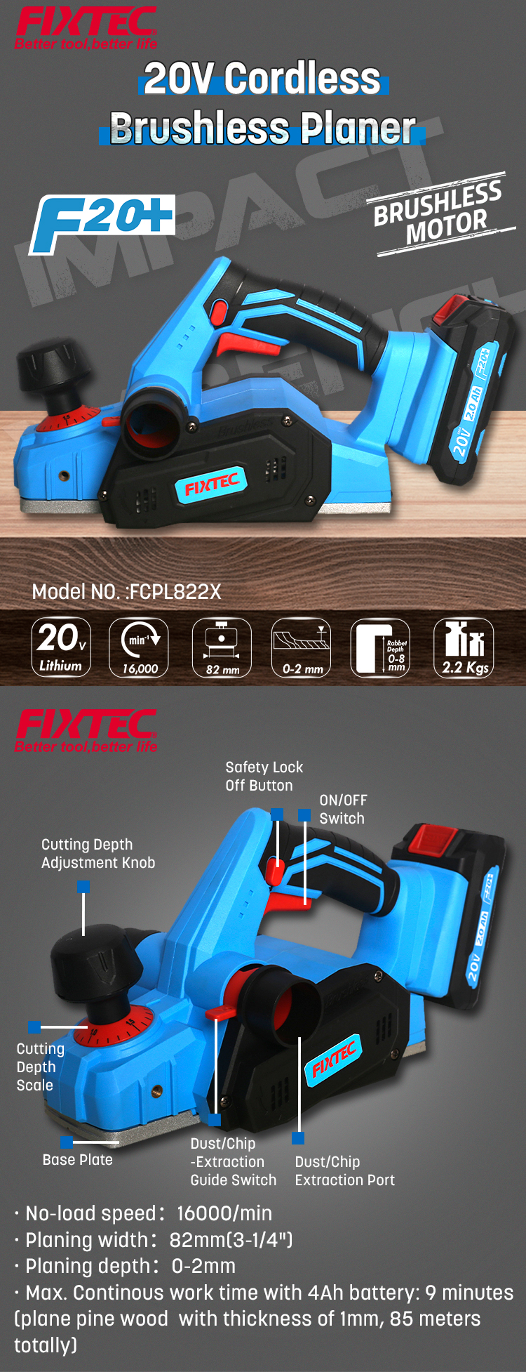 FIXTEC 20V Cordless Wood Planer